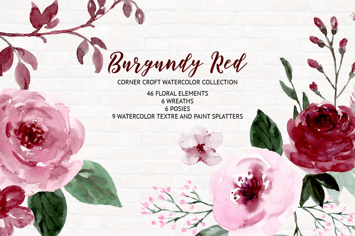 Watercolor clipart Burgundy red, pink and deep red watercolor ...