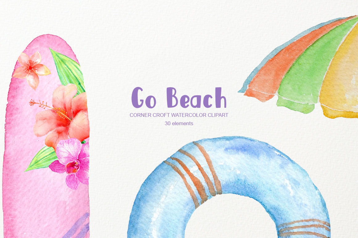 Watercolor Clipart Go Beach Surfboard Kite Instant Download – Corner Croft