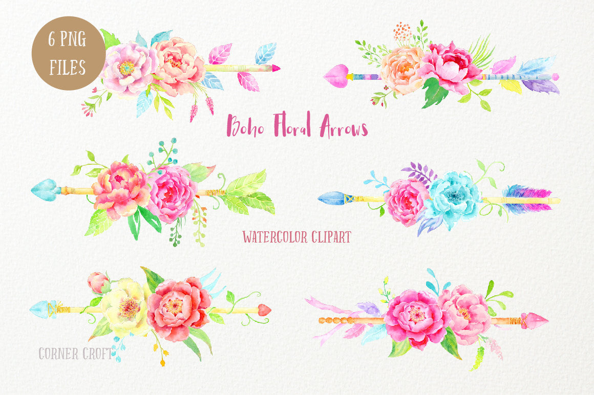 Watercolor clipart boho floral arrows, pink, yellow and purple peony ...