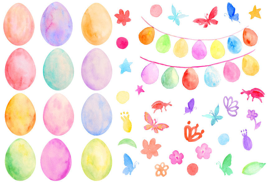 Easter Clip Art, watercolor pastel color Easter eggs & Easter bunting ...