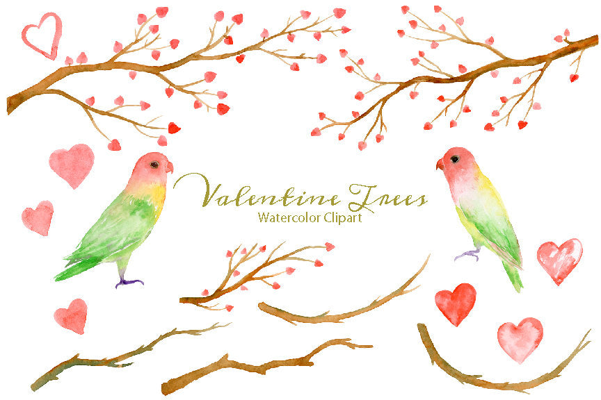 Watercolor Clipart Valentine Trees, tree branch, love birds download ...