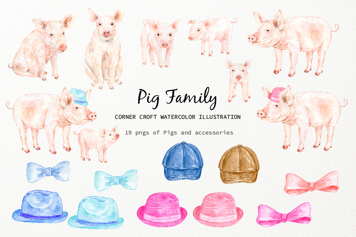 Watercolor pig family clipart for instant download – Corner Croft