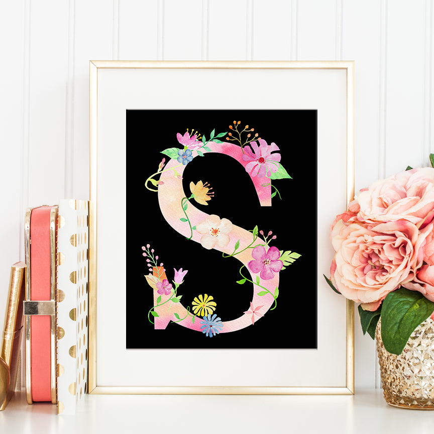 Watercolor Pink Floral Letter S, Alphabet S, Initial S, Art Print Digi ...