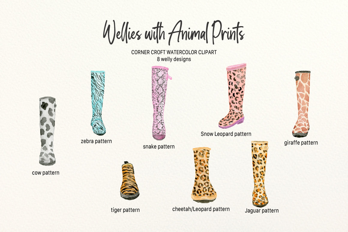 Watercolor wellies with animal prints digital download – Corner Croft